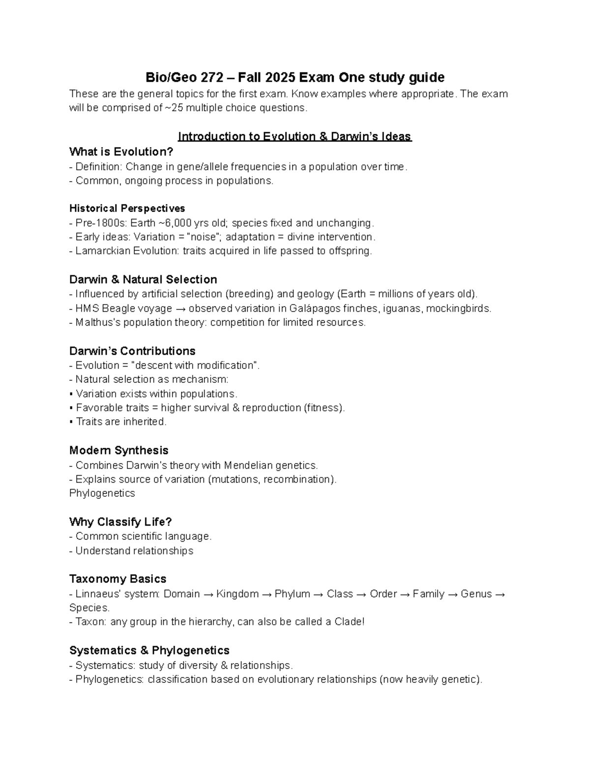 Evolution 272 - Exam 1 Study Guide: Key Topics & Concepts - Studocu