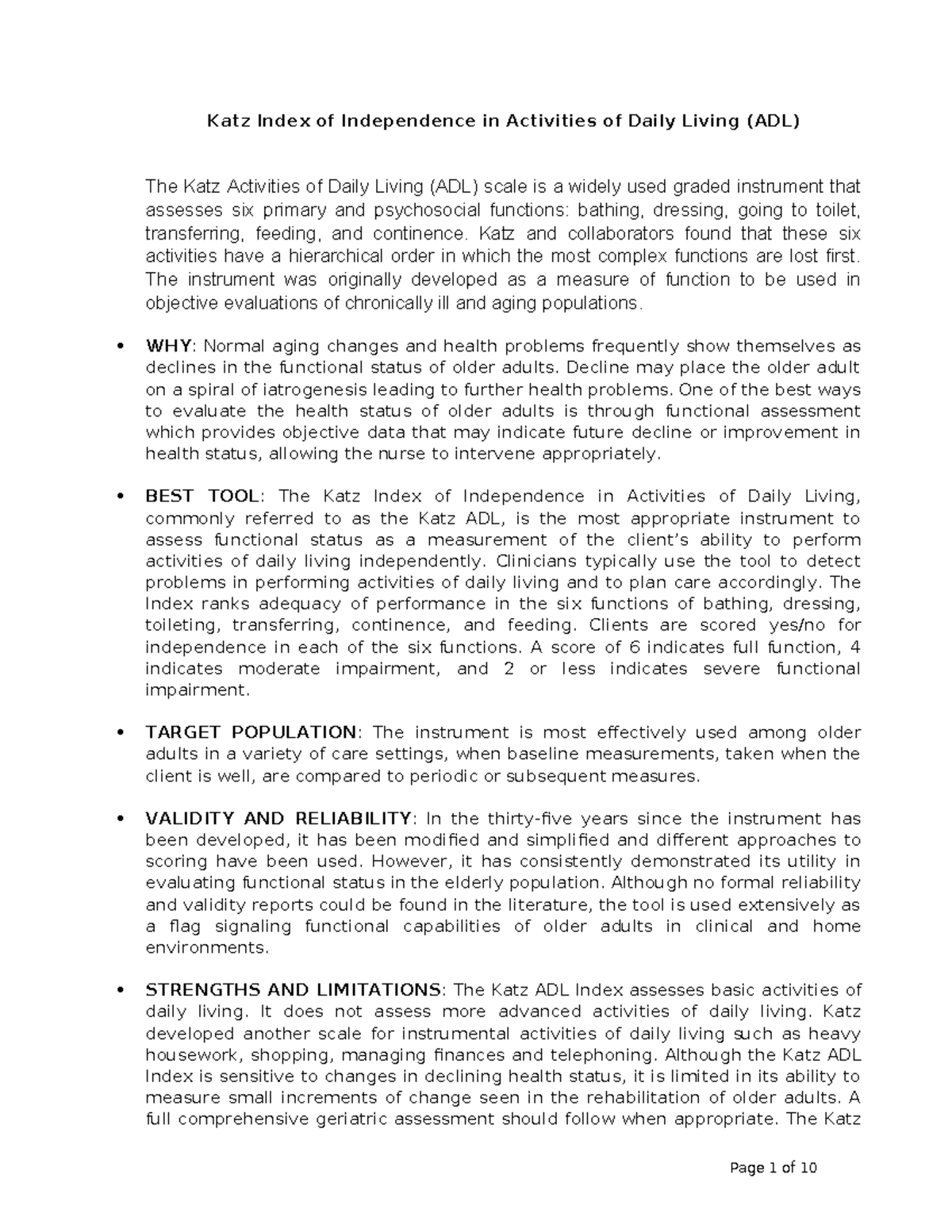 Katz ADL & POMA Assessment Tools for Elderly Care Evaluation - Studocu