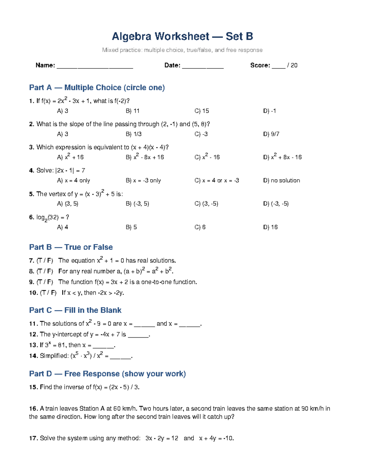 Algebra Worksheet Set B: Mixed Practice & Free Response - Studocu