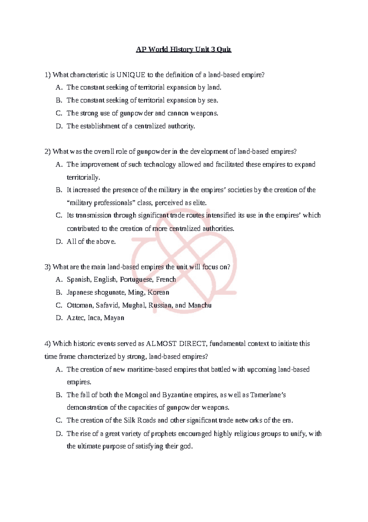 AP World History Unit 3 Quiz Practice Exam - Studocu