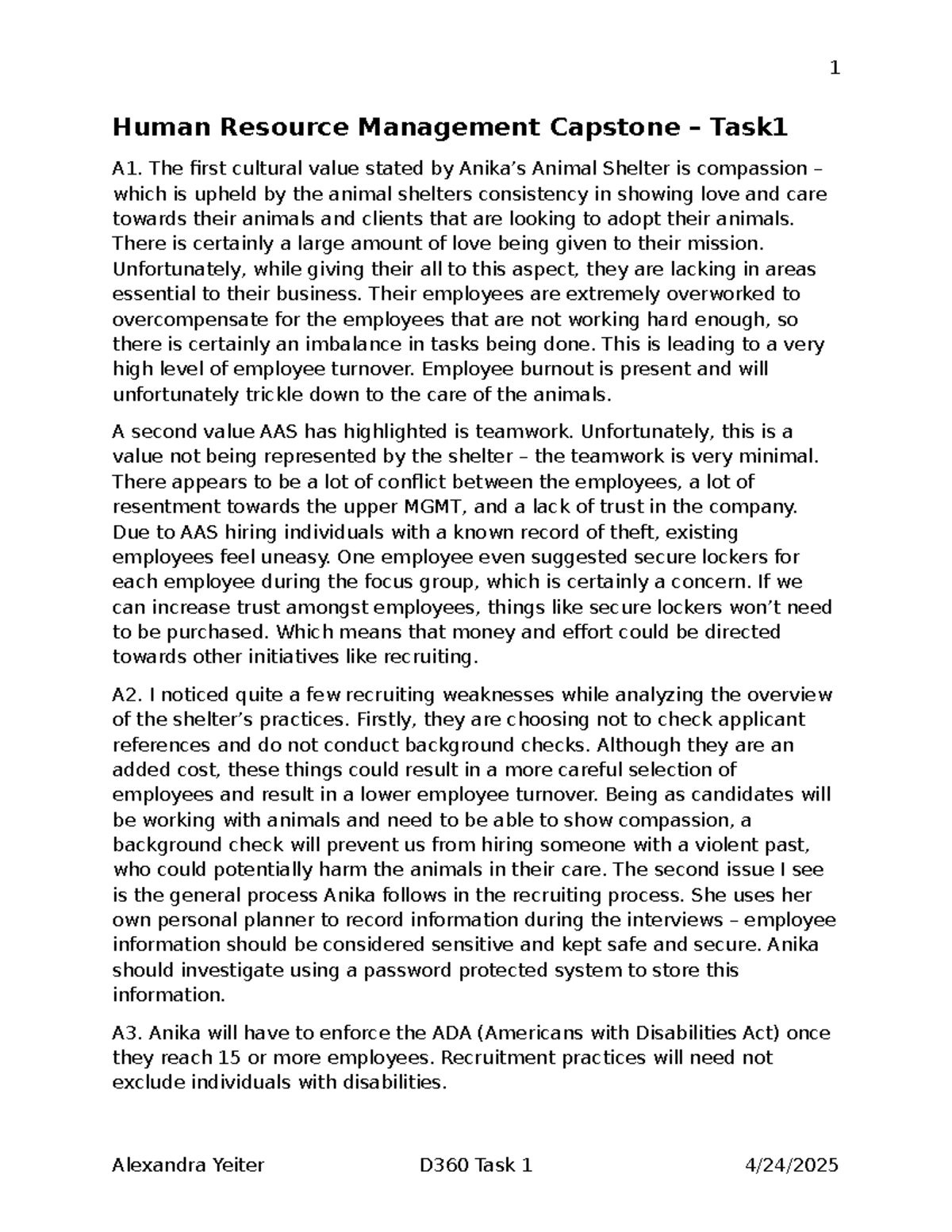 WGU HRM Capstone D360 Task 1: Analyzing Cultural Values & Recruitment Issues - Studocu