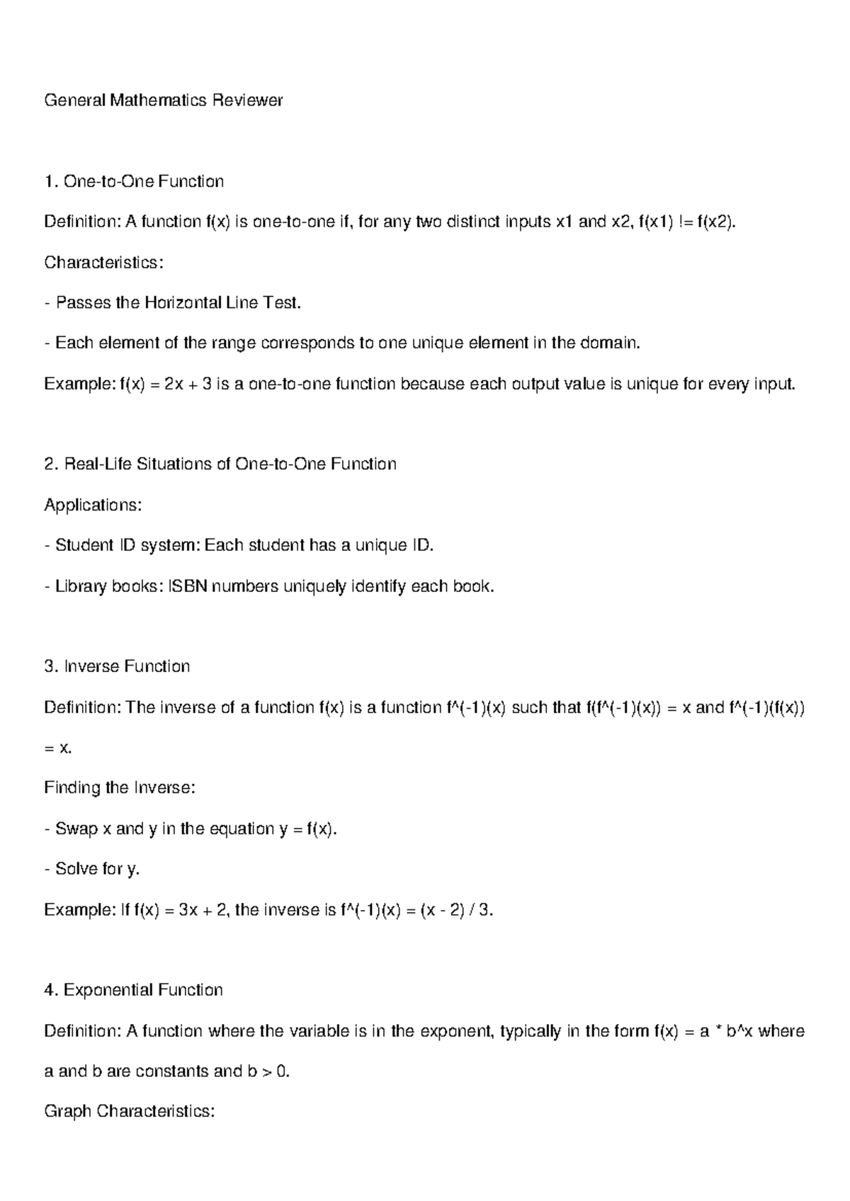 General Mathematics Reviewer - General Mathematics Reviewer One-to-One ...