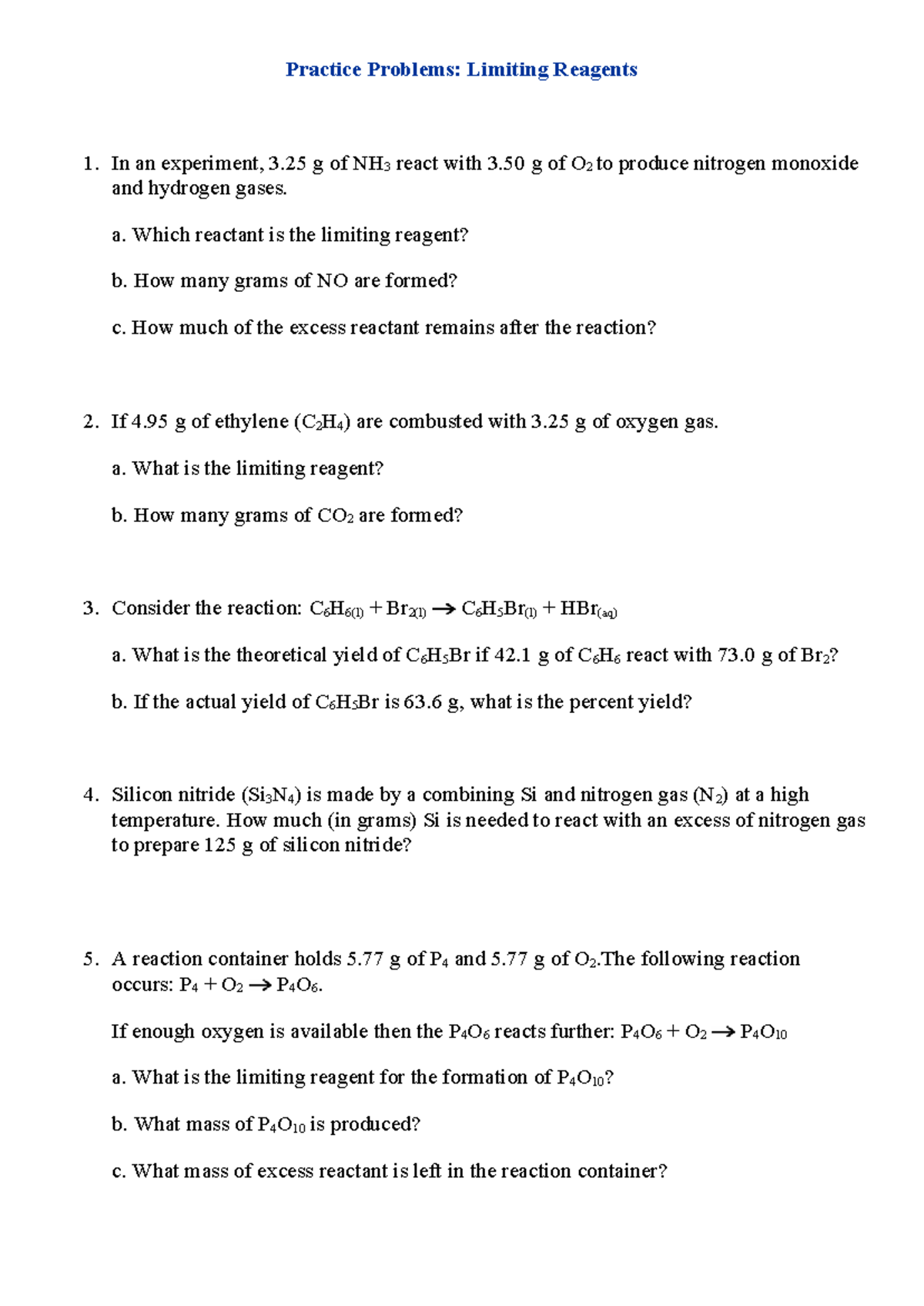 1.3.3 Limiting and Excess Reagent Practice Problems Worksheet - Studocu