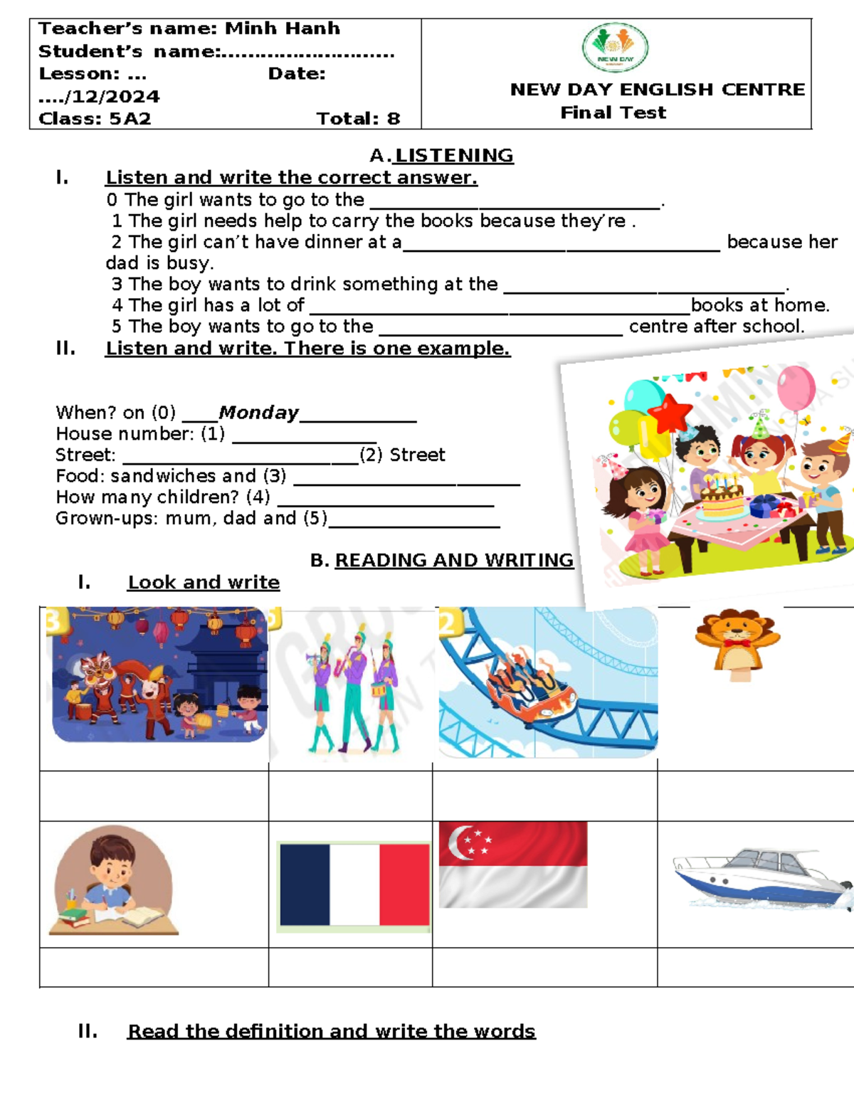 5a2 Final Test English For Grade 5 Teacher S Name Minh Hanh