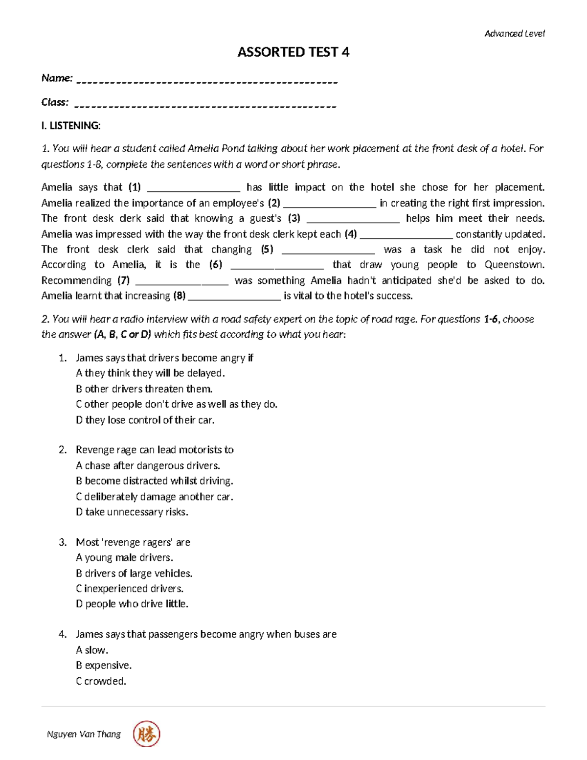 Advanced Level Listening & Lexico Grammar Test 4 - Studocu