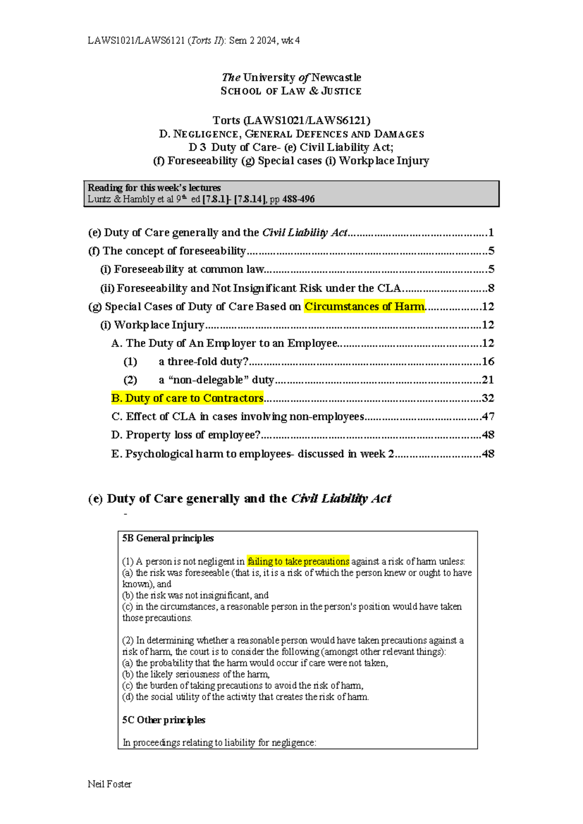 Torts LAWS1021/6121 Sem 2 Wk 04 Negligence & Duty of Care in Workplace ...