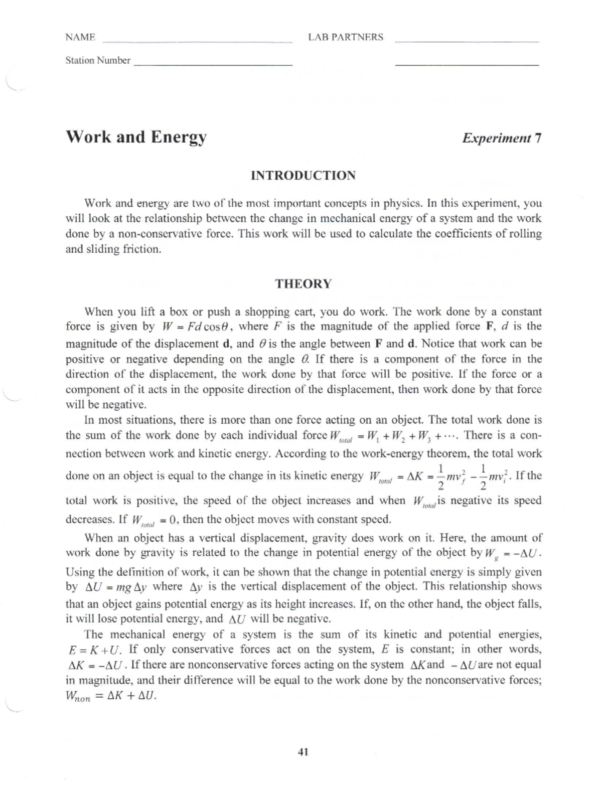 Work and Energy Lab Experiment 7: Analyzing Forces and Motion - Studocu