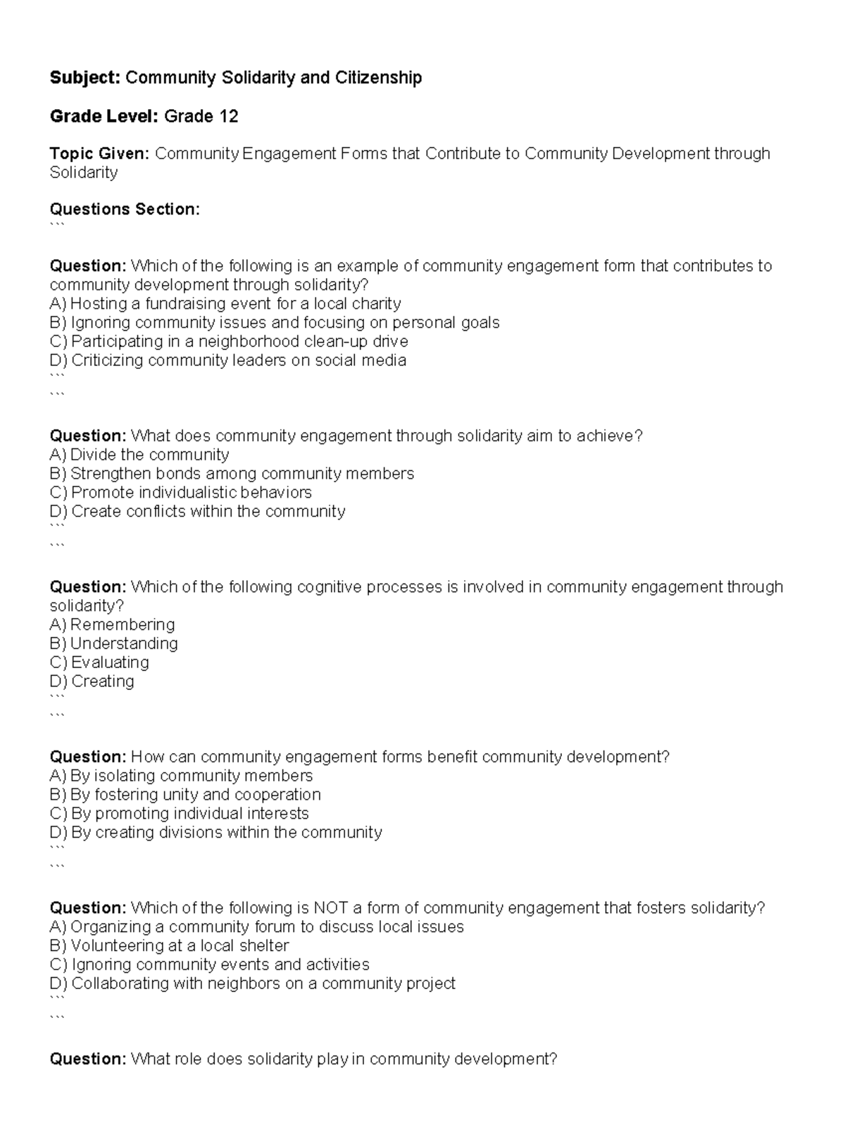 Quiz community solidarity and citizenship - Subject: Community ...