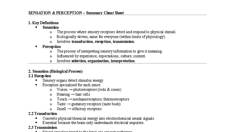 Sensation & Perception (PSY101) Summary Cheat Sheet - Studocu