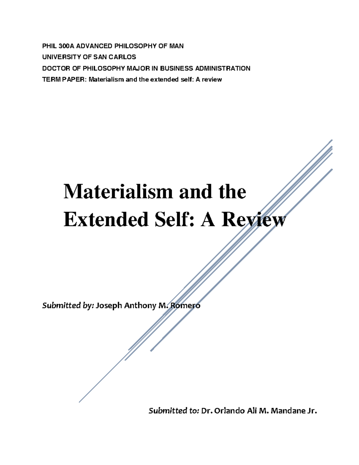 University of San Carlos Term Paper in Advanced Philosophy of Man ...