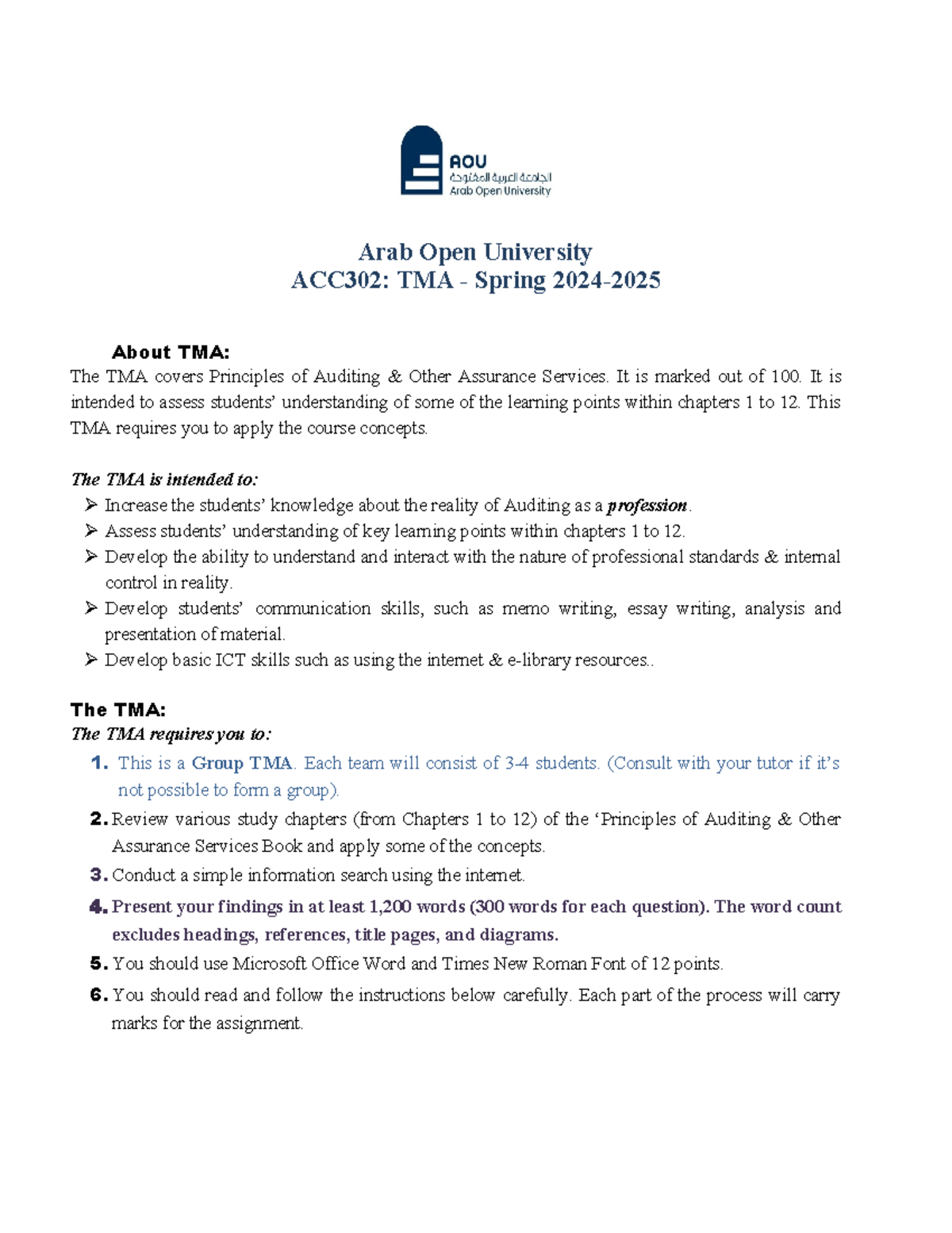 ACC302: TMA Spring 2024-2025 - Principles of Auditing & Assurance Services - Studocu
