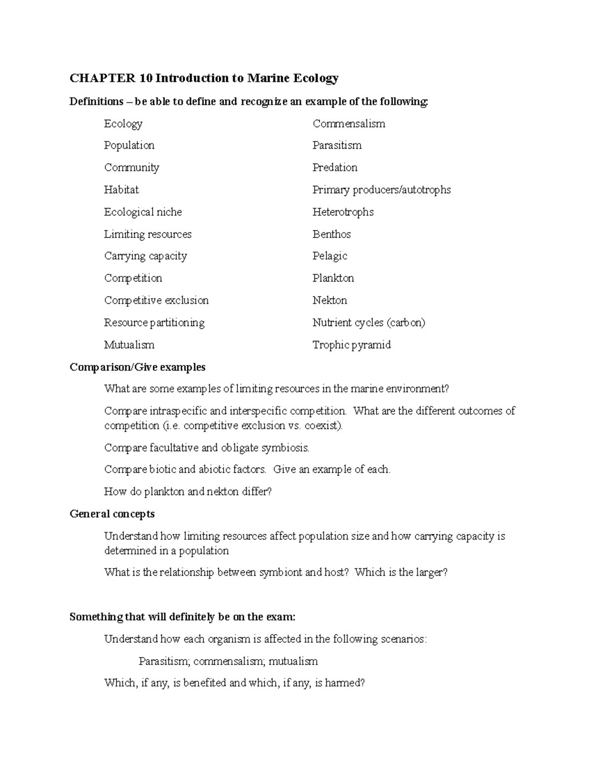 Marine Ecology: CH 10 Study Guide on Key Concepts and Definitions - Studocu