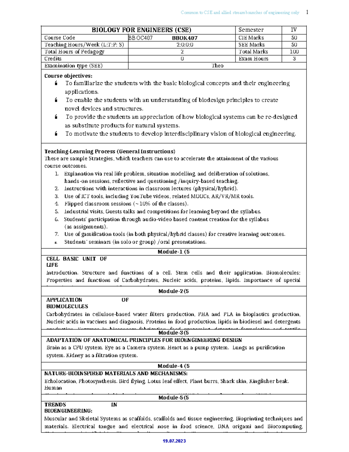 BBOC407 - Biology for Engineers Course Handout and Assessment Guide ...