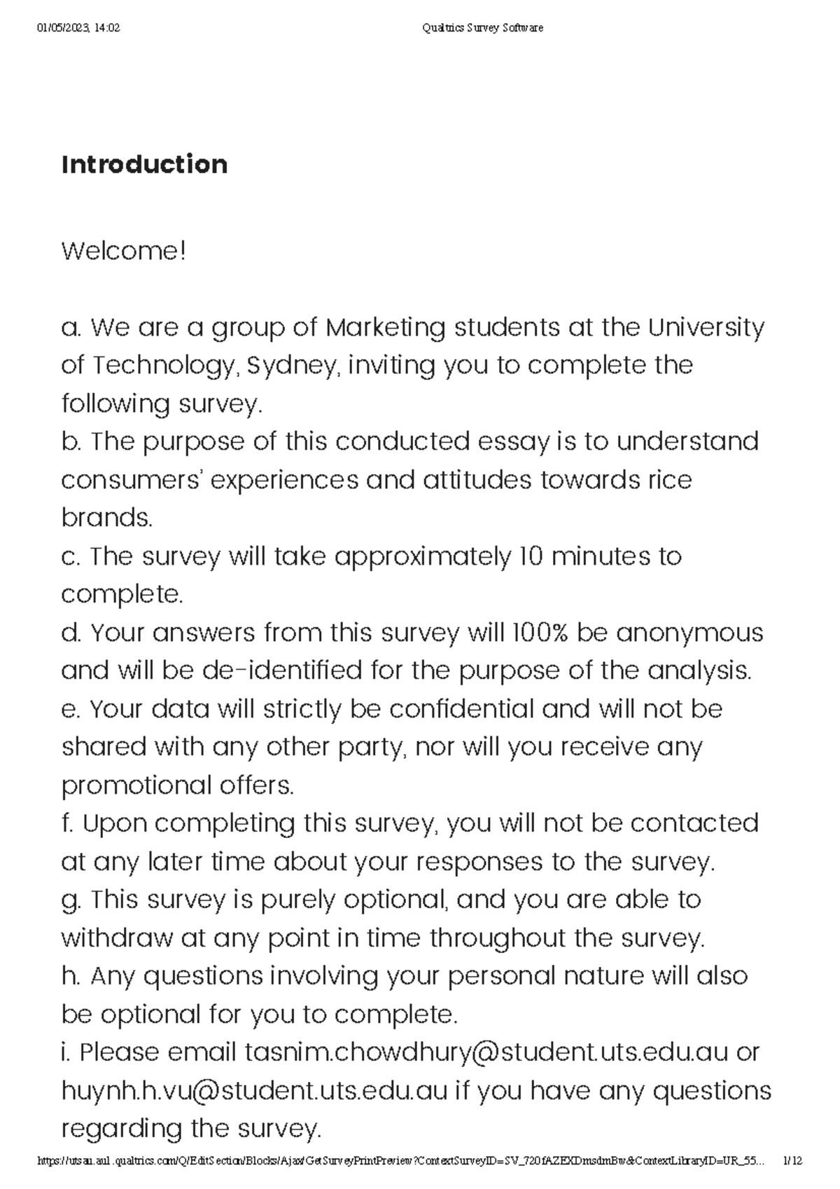 Qualtrics Survey Example - Sunrice - Introduction Welcome! a. We are a ...