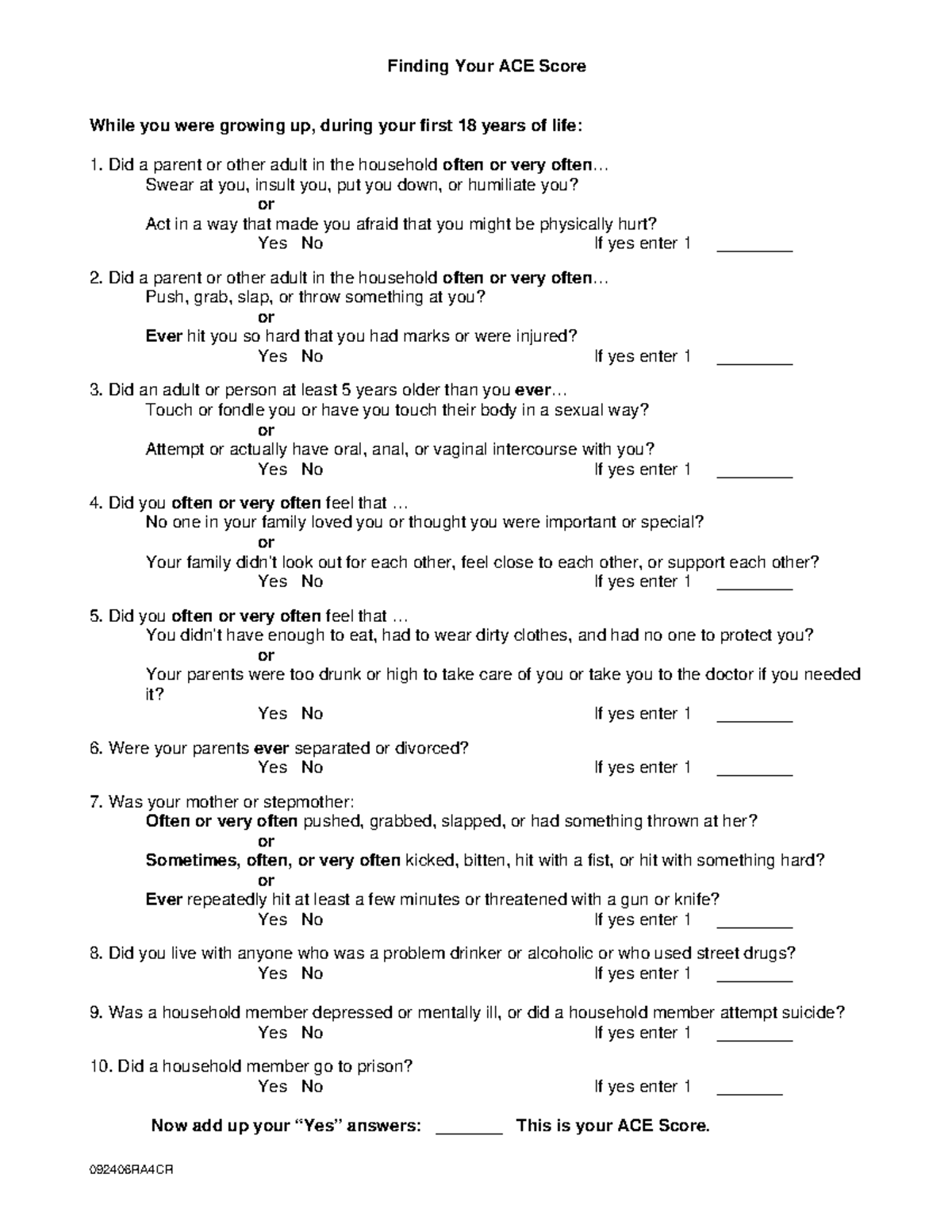 Adverse Childhood Experiences (ACE) Score Questionnaire 092406RA4CR ...