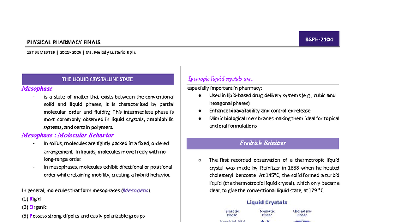 PHYSICAL PHARMACY FINALS BSPH2A Lusterio: Liquid Crystals & Mesophases ...