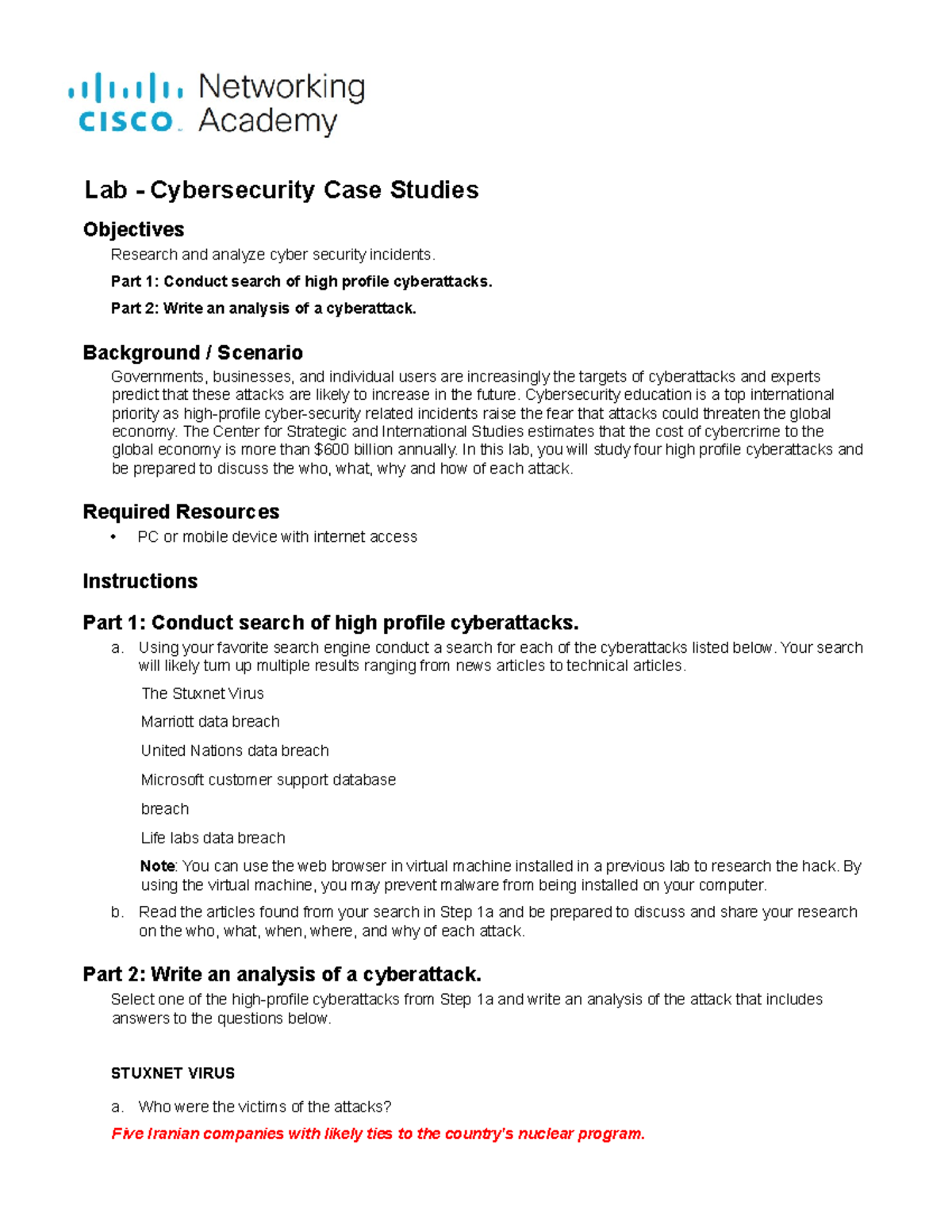 Lab - Cybersecurity Case Studies: Analysis of High-Profile Attacks - Studocu
