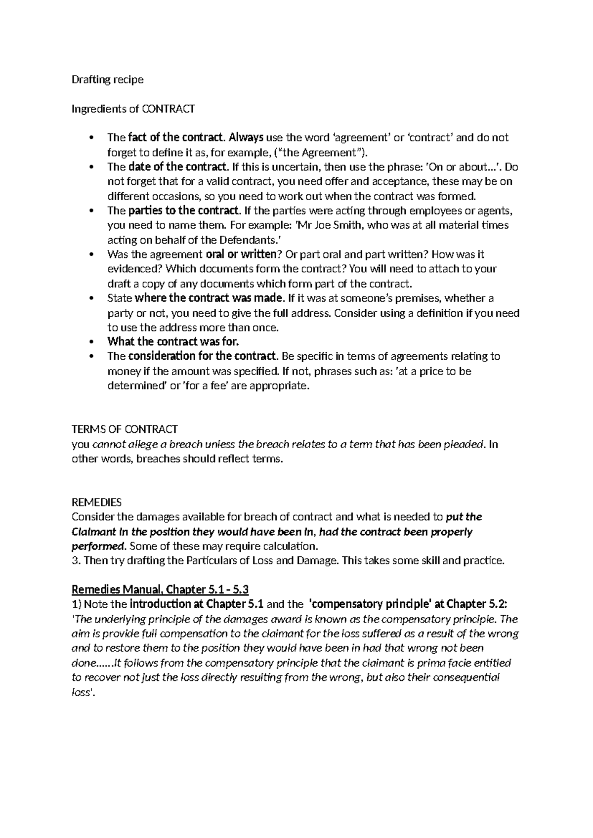 Drafting Recipe for Contract Ingredients: Key Elements & Remedies - Studocu