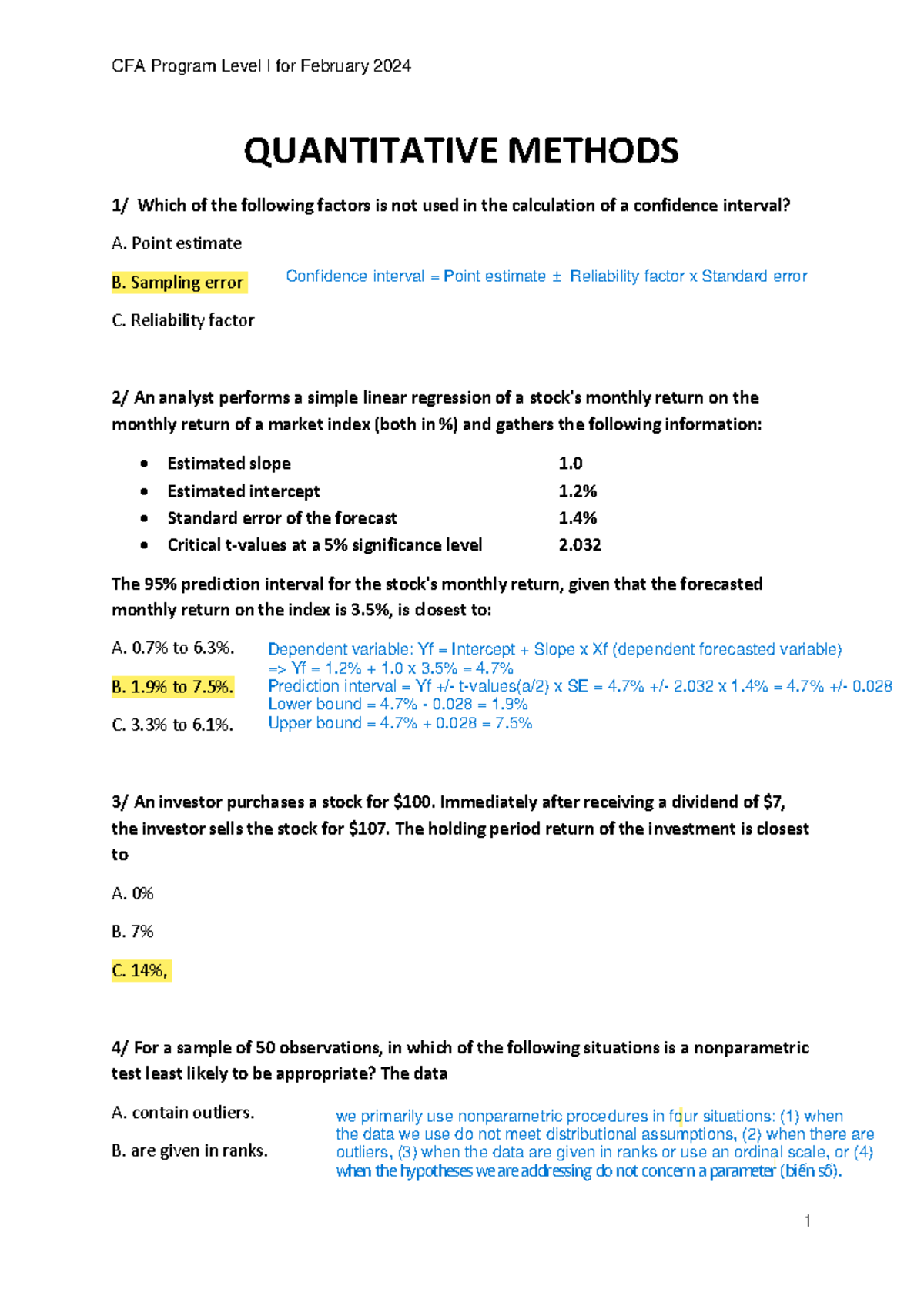 CFA Program Level I February 2024: Quantitative Methods Exam Questions - Studocu