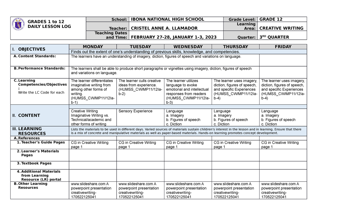 Creative Writing DLL WEEK 3 - GRADES 1 to 12 DAILY LESSON LOG School ...