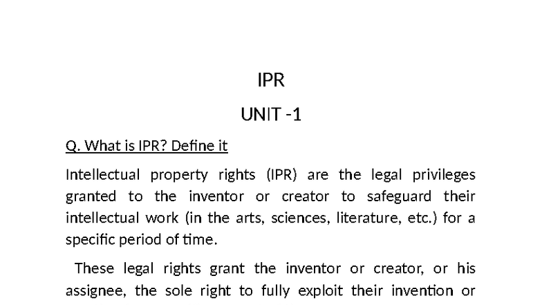 IPR Unit 1: Comprehensive Overview of Intellectual Property Rights ...