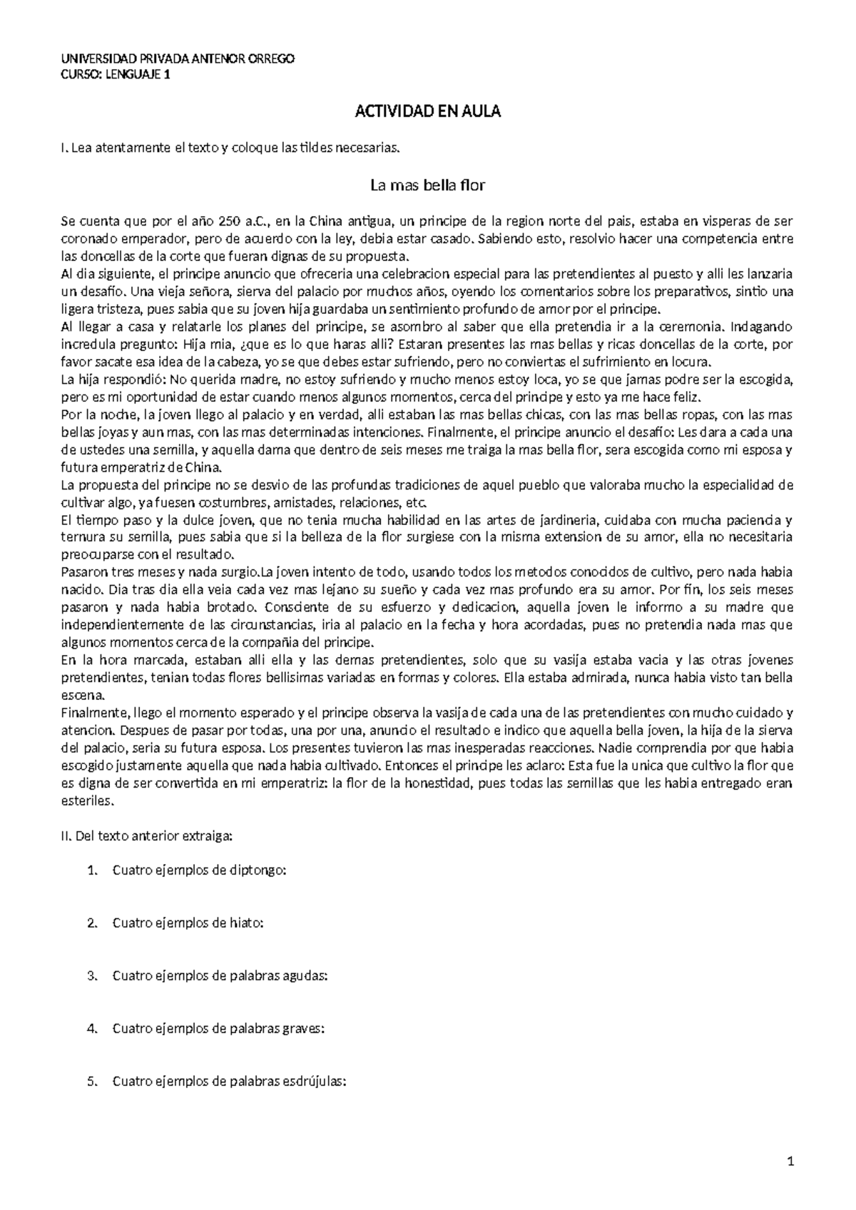 Práctica de Tildación - Lenguaje 1 - Universidad Privada Antenor Orrego ...