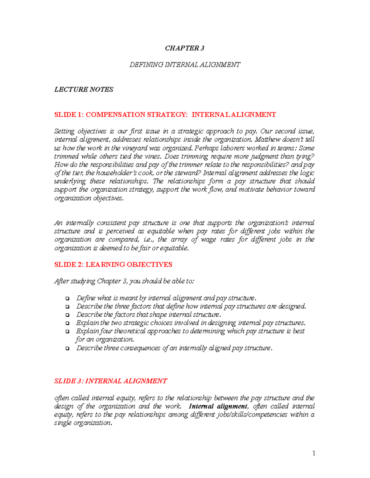 Internal Alignment in Compensation Strategy: Lecture Notes CH3 - Studocu
