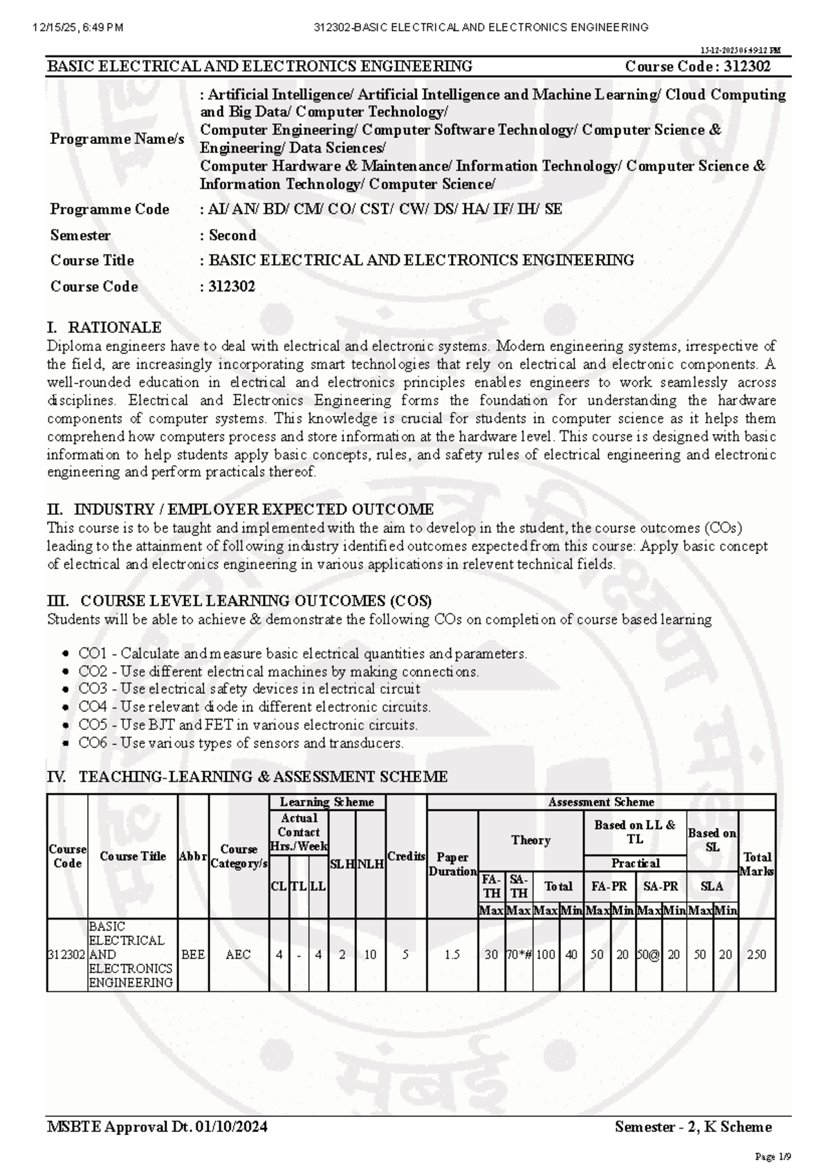 312302 - Basic Electrical and Electronics Engineering Overview - Studocu