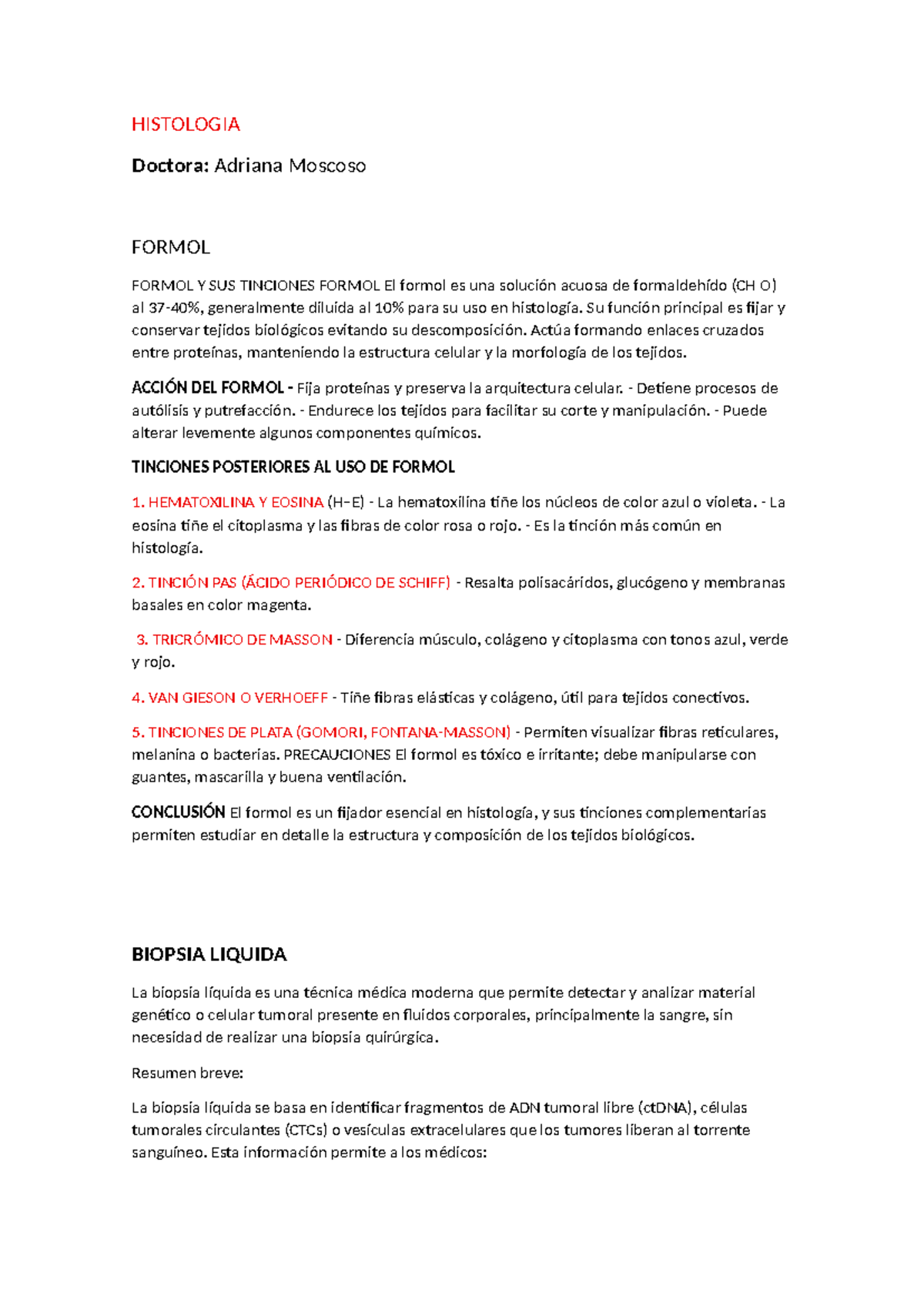HISTOLOGÍA: Apuntes sobre Formol y Tinciones Esenciales - Studocu