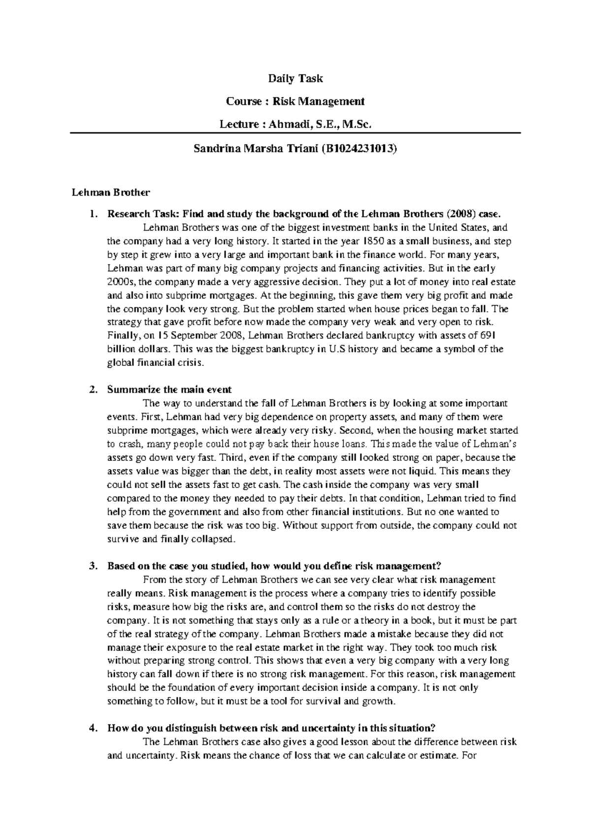 Risk Management Lecture: The Fall of Lehman Brothers (B1024231013 ...