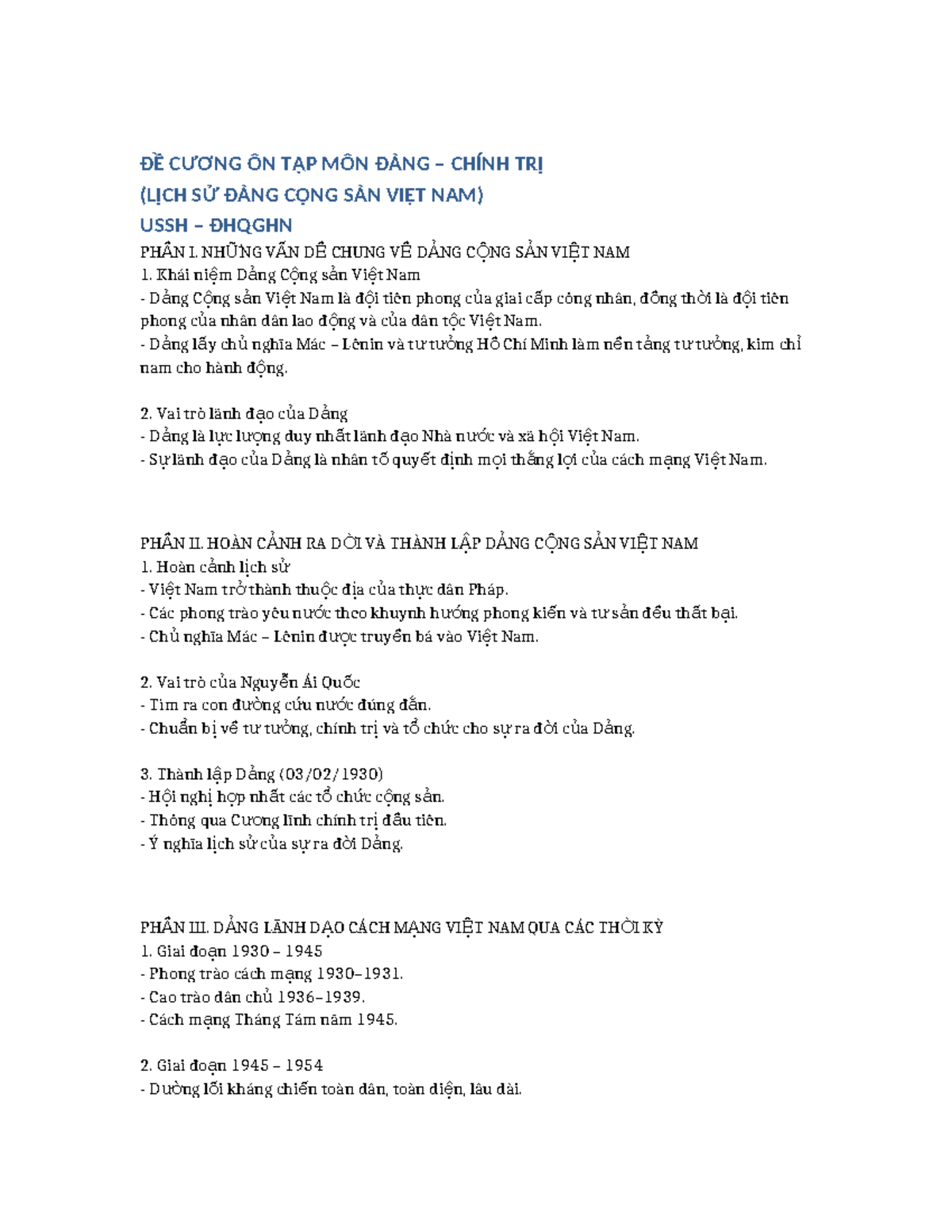 Đề Cương Ôn Tập Môn Đảng Chính Trị USSH: Lịch Sử Đảng Cộng Sản VN - Studocu