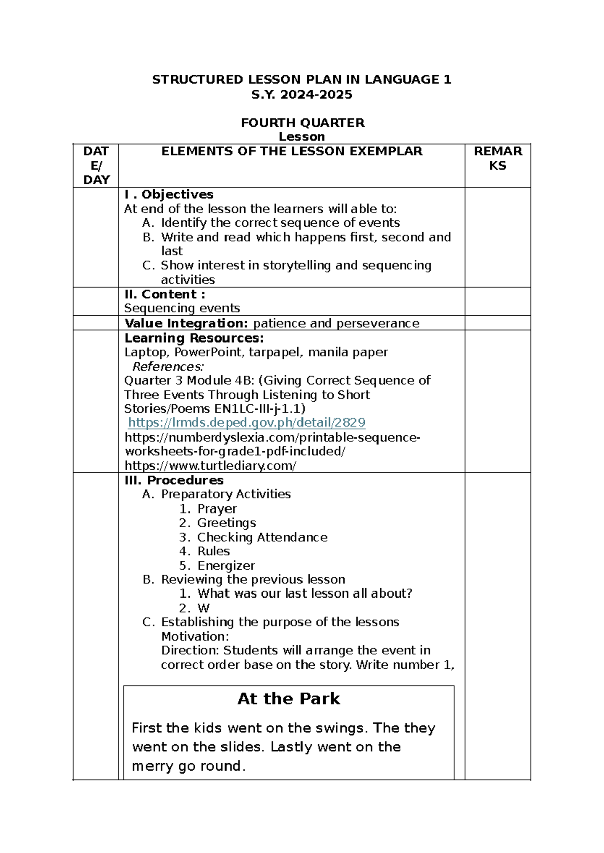 Language 1LP - Structured Lesson Plan: Sequencing Events in Q4 - Studocu