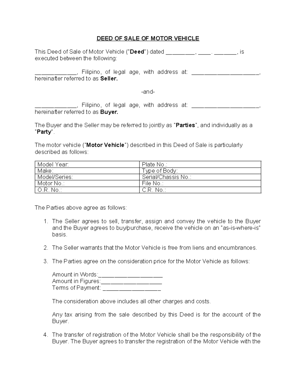 DEED OF SALE OF MOTOR VEHICLE: OPEN DEED TEMPLATE - Studocu