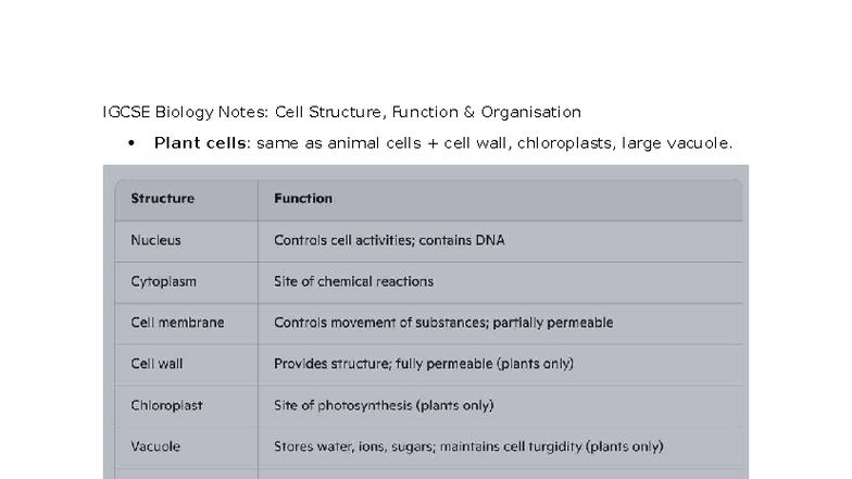 IGCSE Biology Notes: Cell Structure, Function & Organization - Studocu