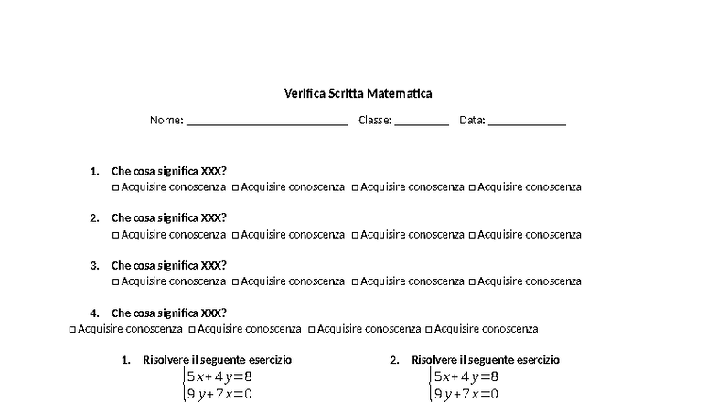 Verifica Scritta di Matematica - Esercizi e Conoscenze - Studocu