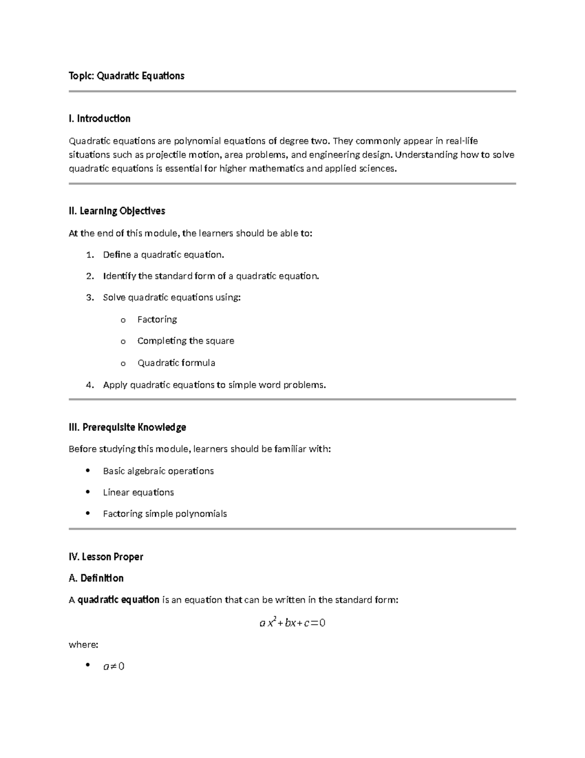 Quadratic Equations: Methods & Applications - ASA - Studocu