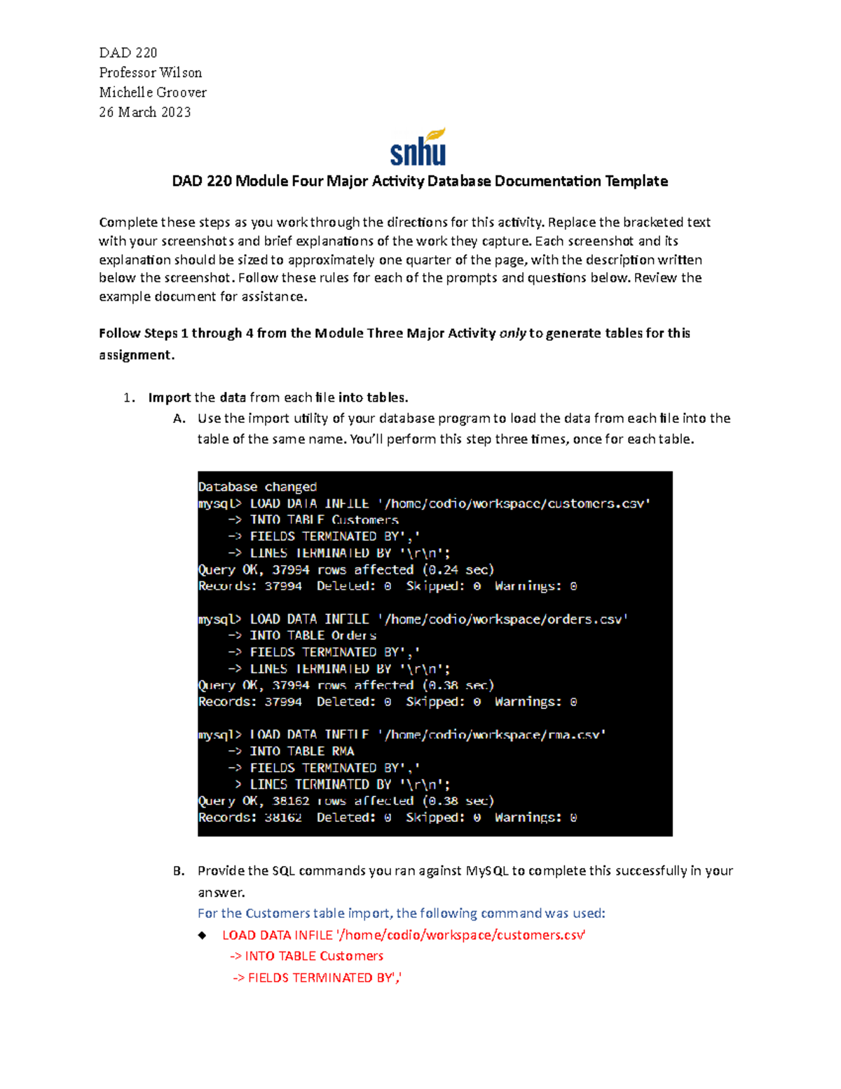 DAD 220 Module 4-3 Major Activity Database Documentation Guide - Studocu