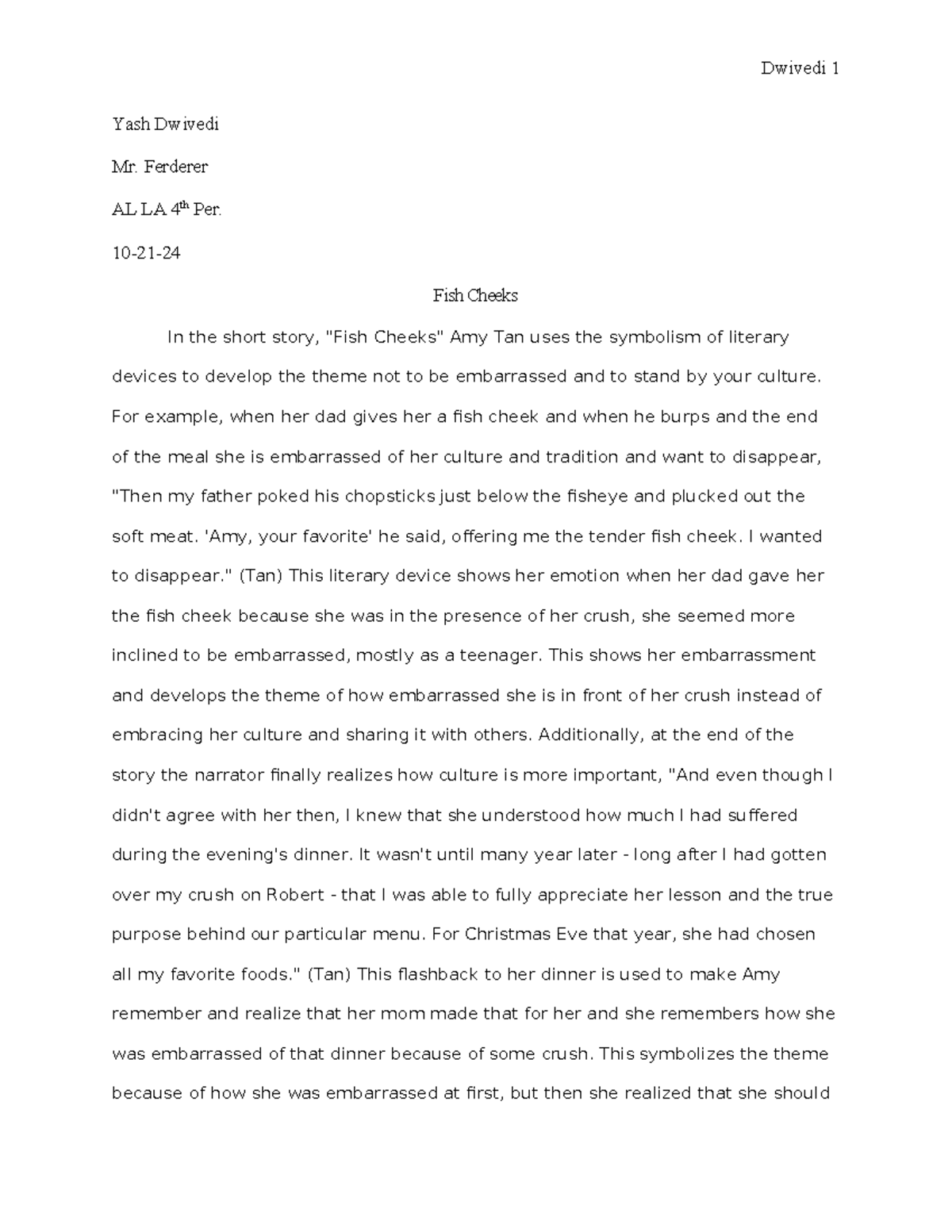 Fish Cheeks Expository Paragraph - AL LA 4th Per. Analysis of Amy Tan's ...