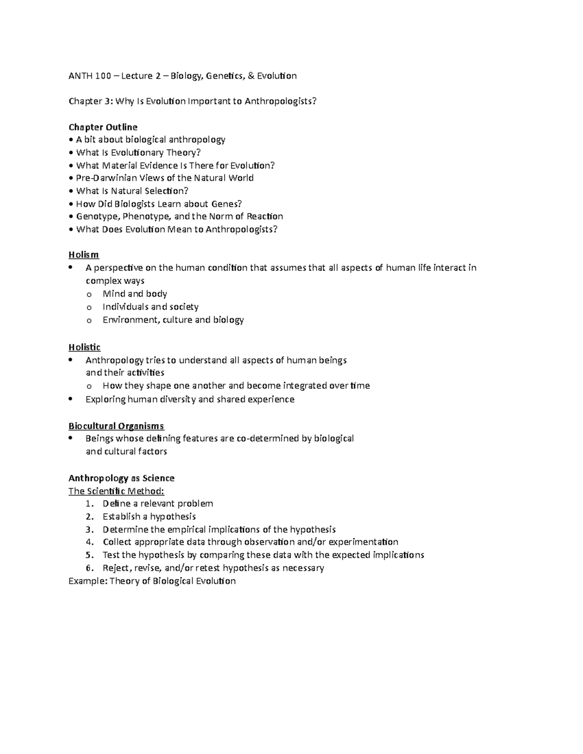 ANTH 100 - Lecture notes - ANTH 100 – Lecture 2 – Biology, Genetics ...