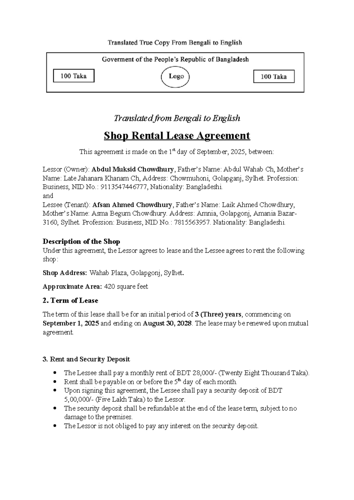 Shop Rental Lease Agreement (Bengali to English Translation) - Studocu