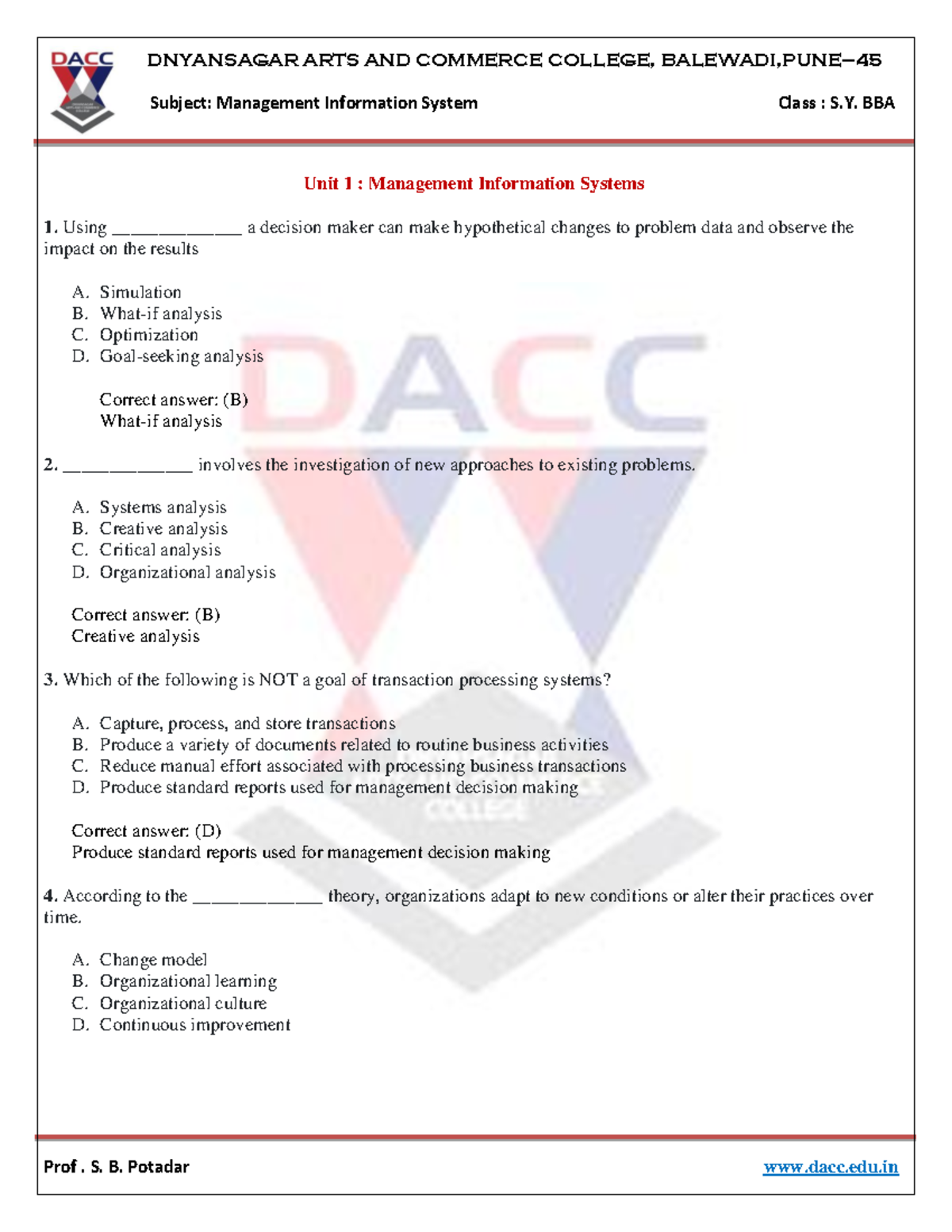 Management Information System MCQs & Answers - S.Y. BBA Study Guide ...