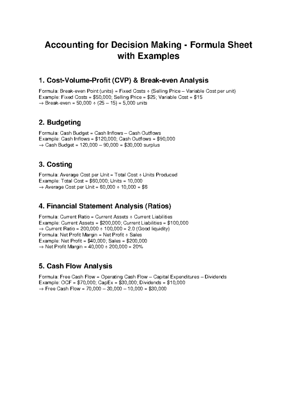 Accounting (ACCT) Decision-Making Formula Sheet with Examples - Studocu