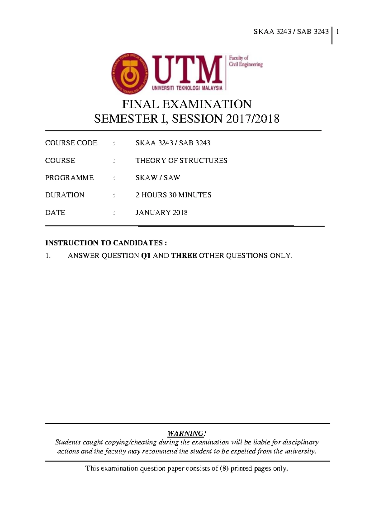 Final Examination Paper - SKAB/SEAA 3243 - Theory of Structures ...