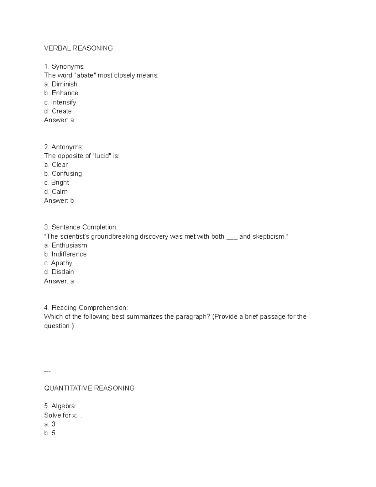 NMAT Practice questions - VERBAL REASONING Synonyms: The word "abate ...