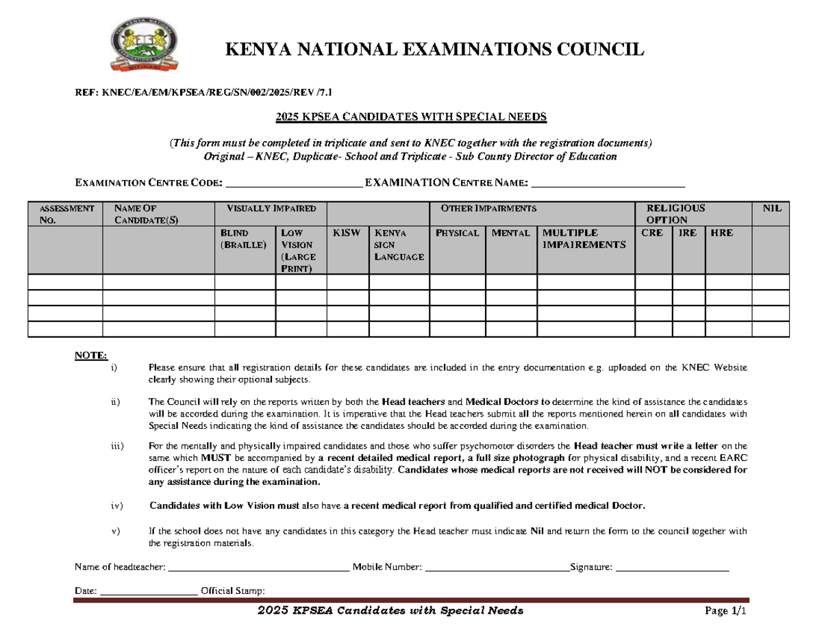 2025 KPSEA Registration Form for Candidates with Special Needs - Studocu