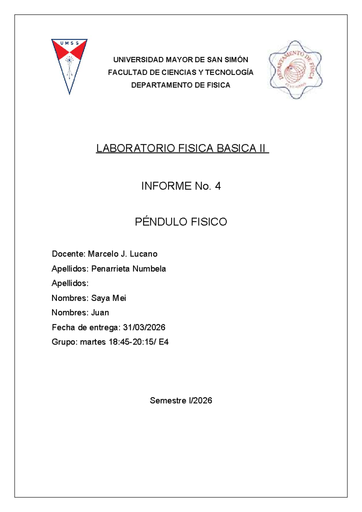 Informe No. 4: Péndulo Físico - Laboratorio Física Básica II - Studocu