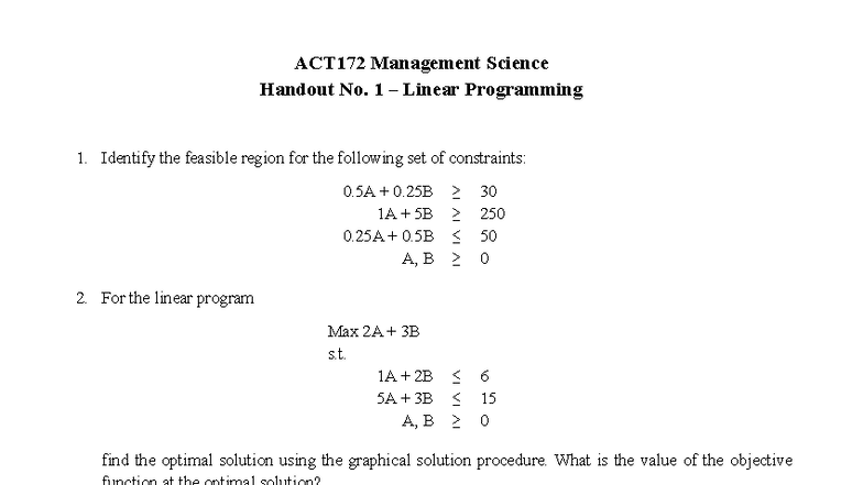 ACT172 Management Science Handout No. 1: Linear Programming Analysis ...