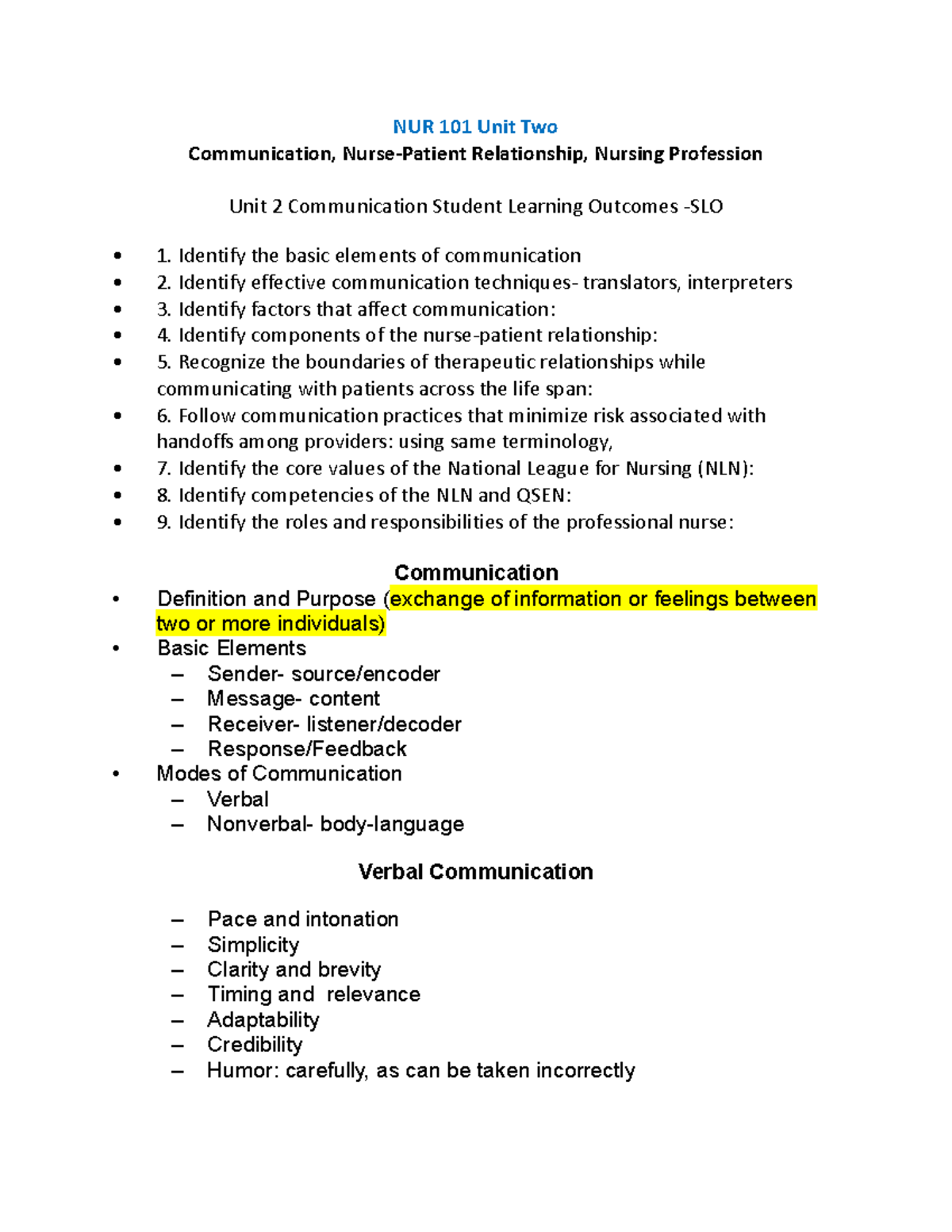 NUR 101 U2 - Comprehensive Study Guide for Unit 2: Communication - Studocu