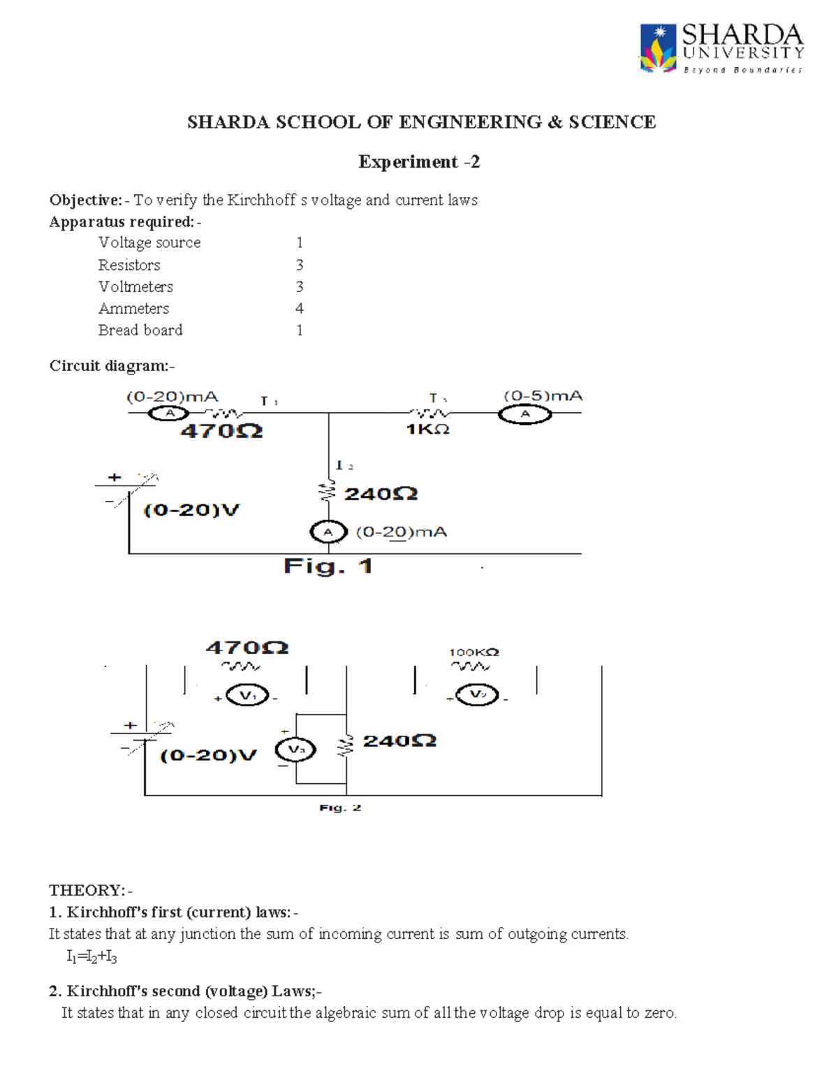 EEP1106 - Experiment 2: Verifying Kirchhoff's Laws in Circuits - Studocu
