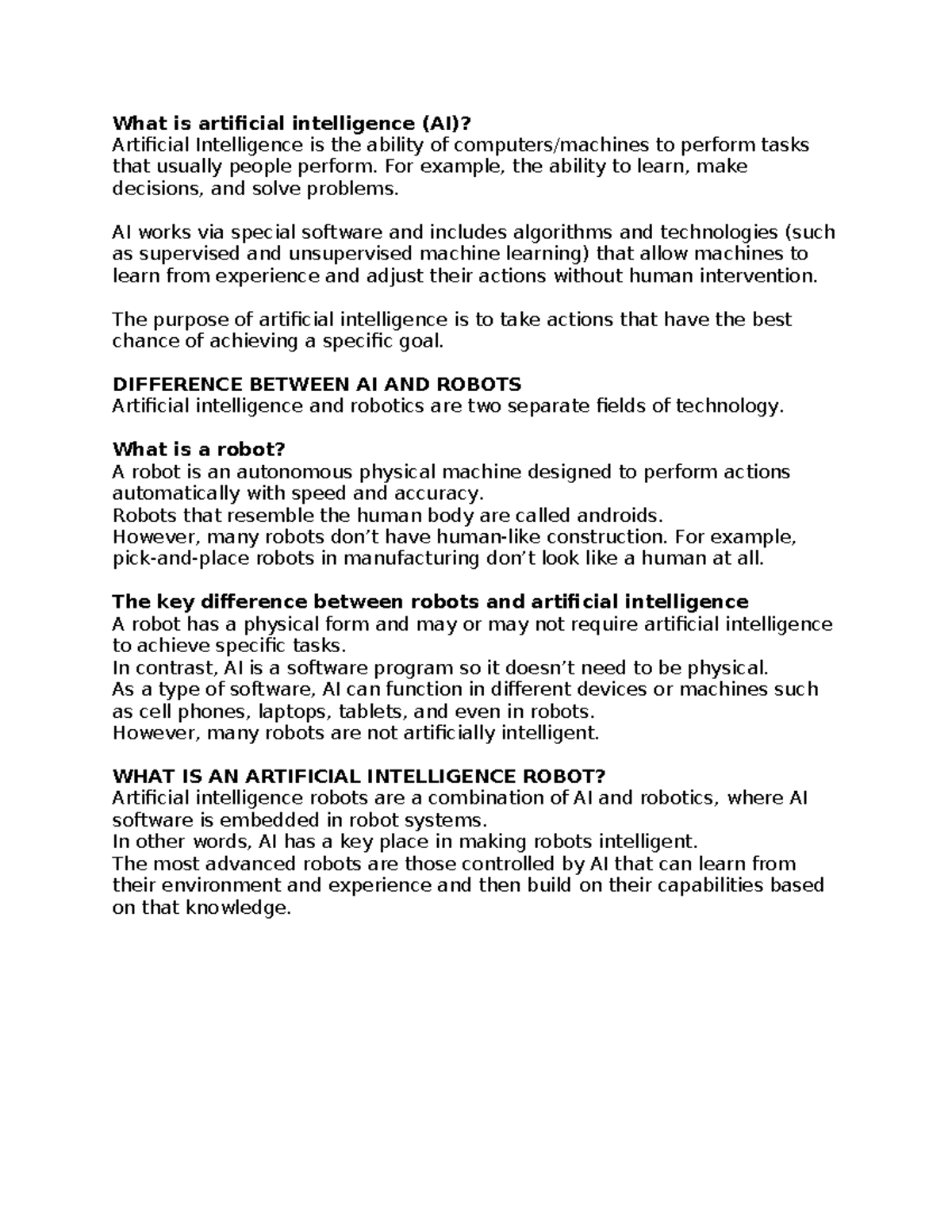 AI Overview: Understanding Artificial Intelligence and Robotics - Studocu